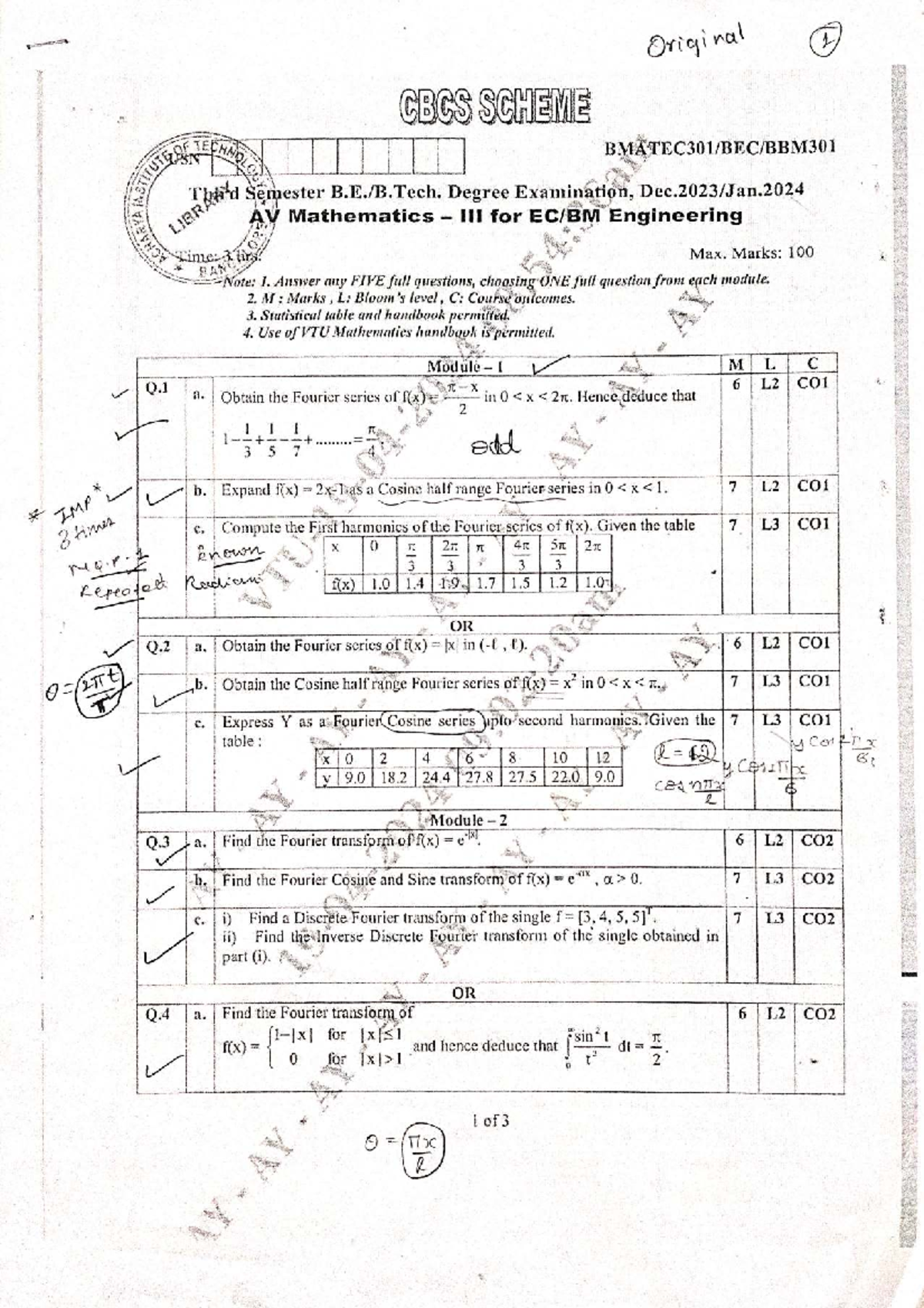 Mathematics for Engineering (BMATEC301) - Model Question Paper - Studocu