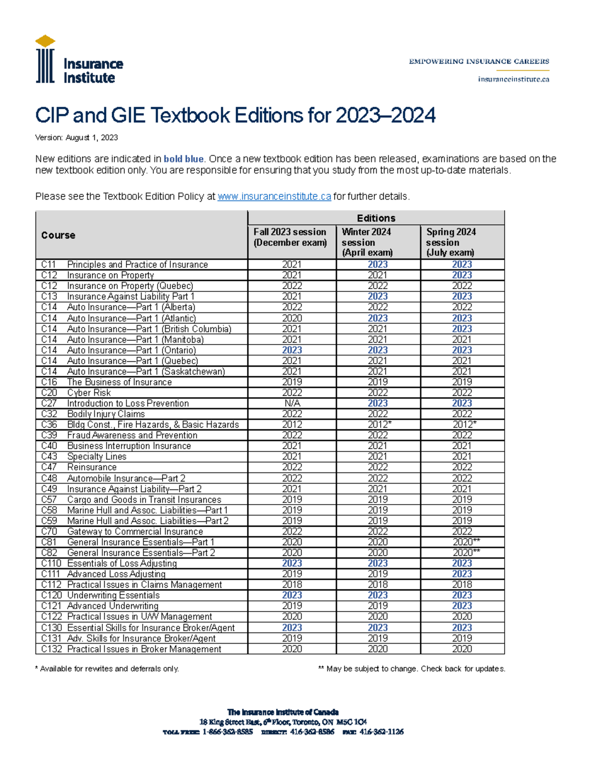 CIP Textbook Editions for 2023-2024 - Updated as of August 2023 - Studocu