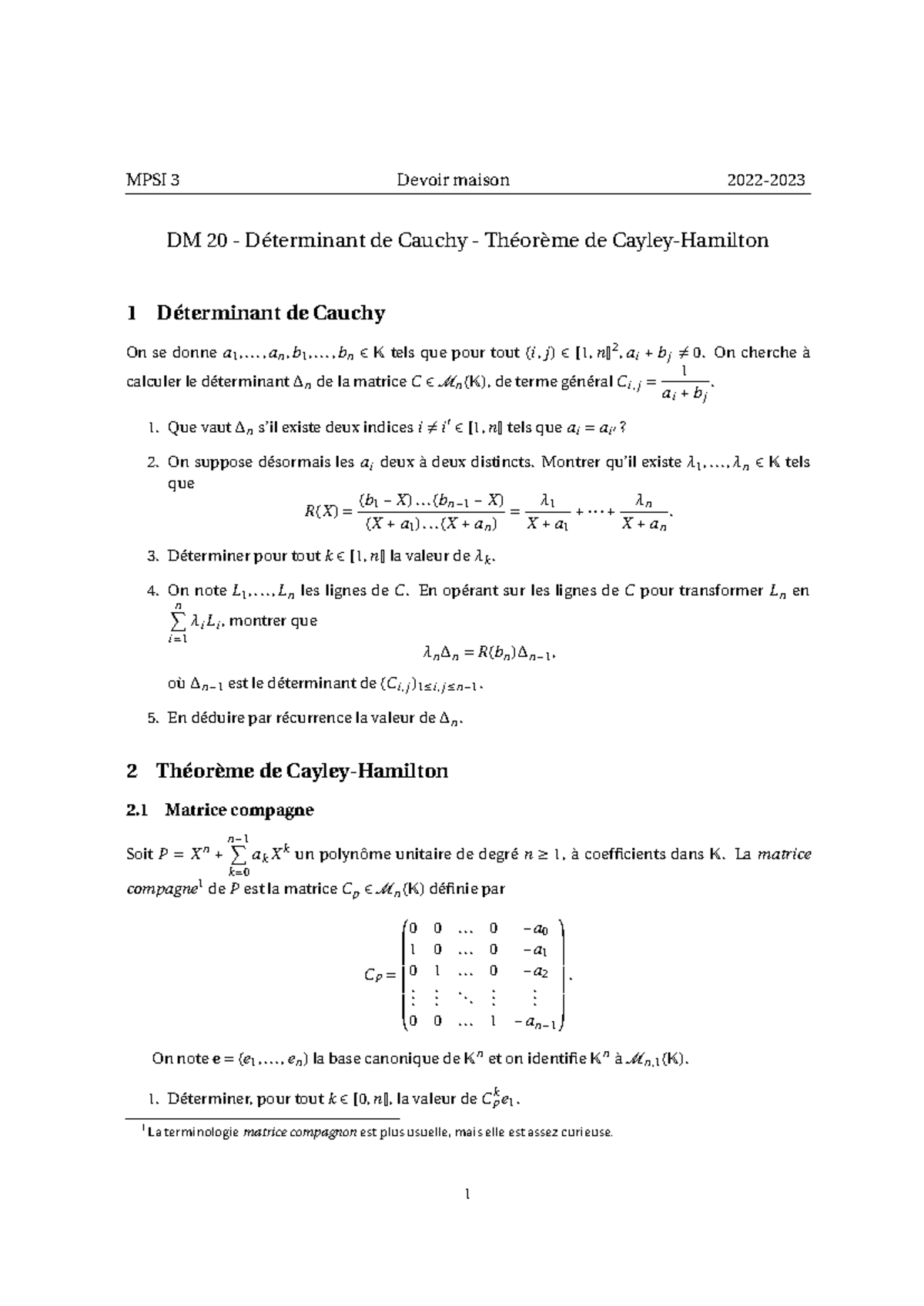 MPSI 3 Devoir Maison DM 20: Déterminant de Cauchy et Matrice Compagne ...