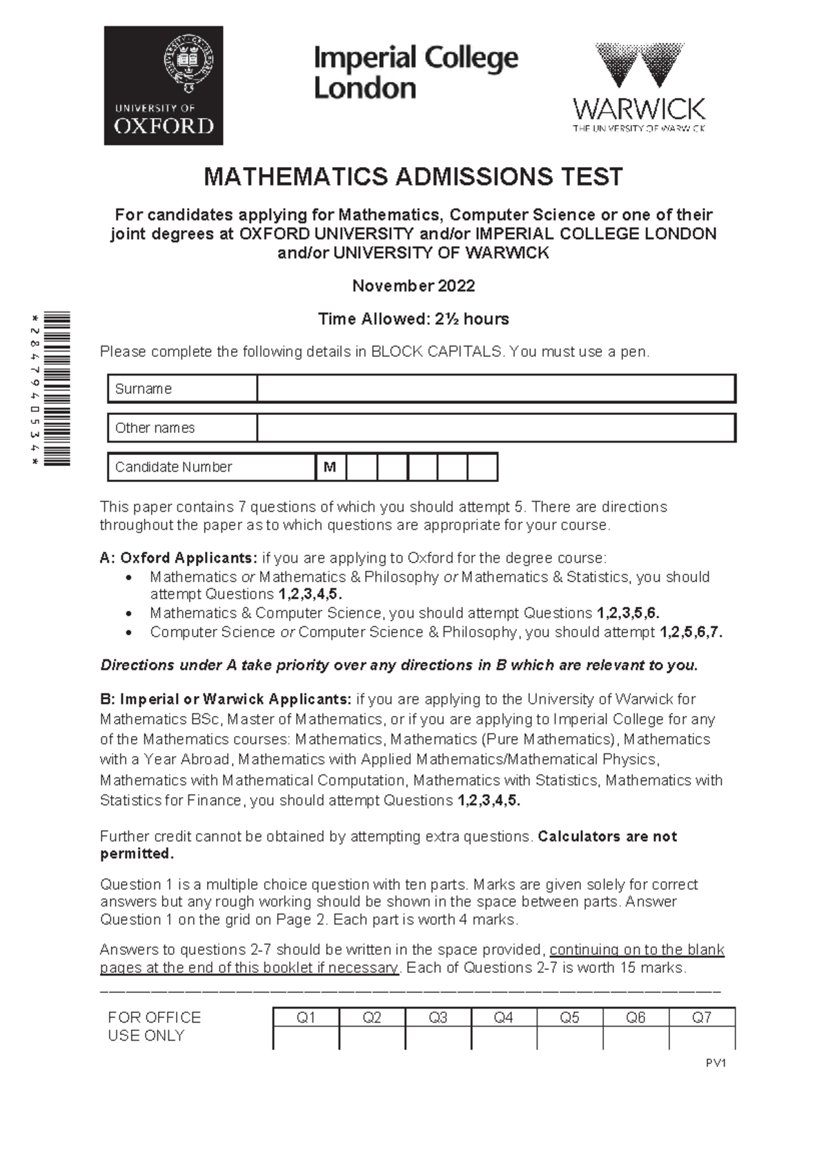 MAT 2022 - Mathematics Admissions Test Questions for Oxford, Imperial ...