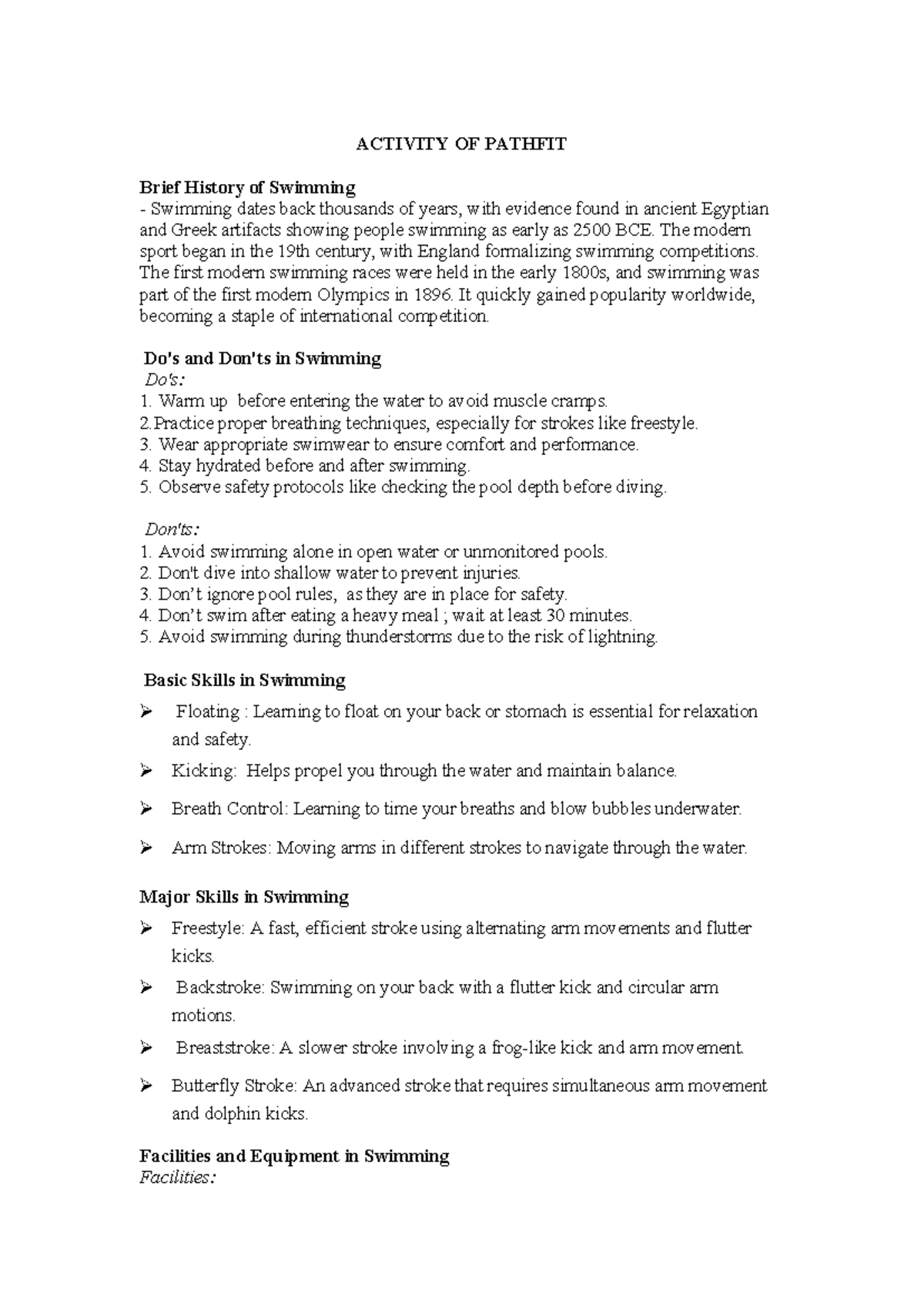 ACTIVITY OF PATHFIT: A Comprehensive Guide to Swimming Skills - Studocu