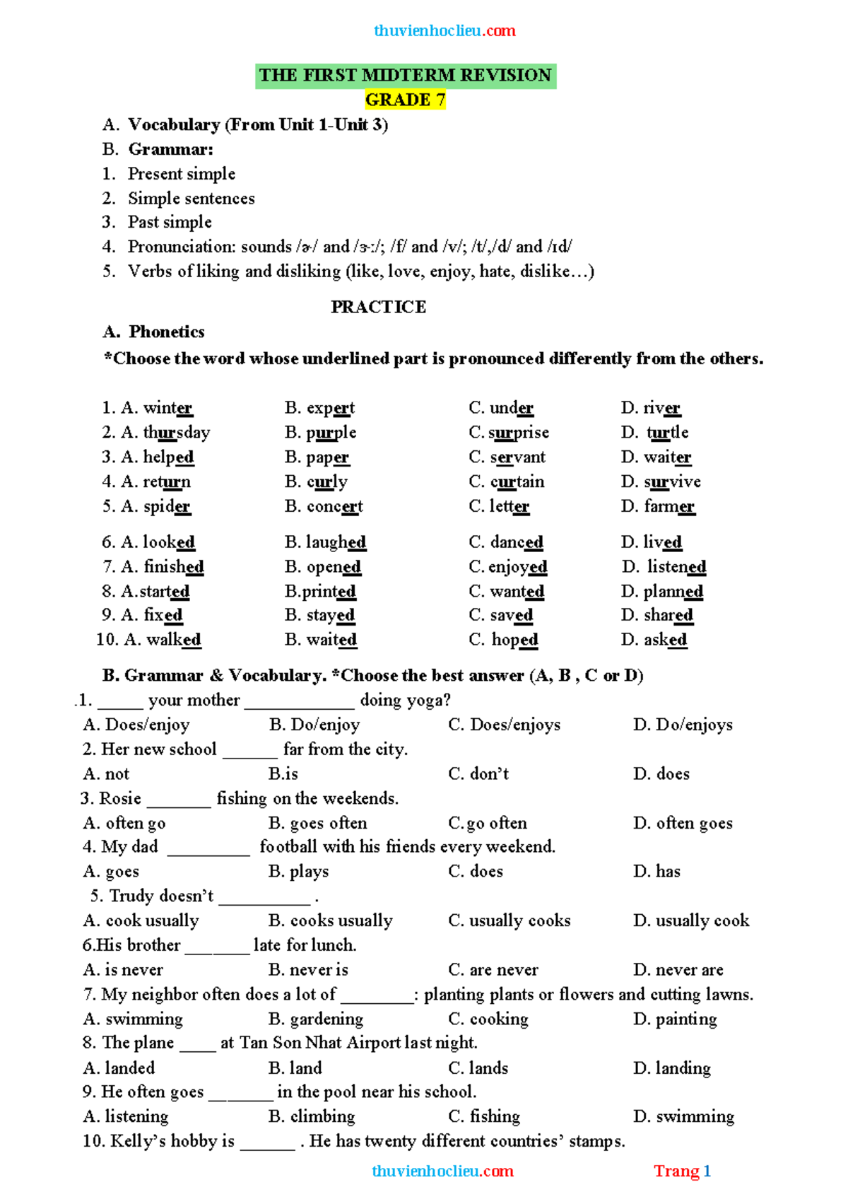 Grade 7 Midterm Revision: Vocabulary & Grammar Exercises - Studocu