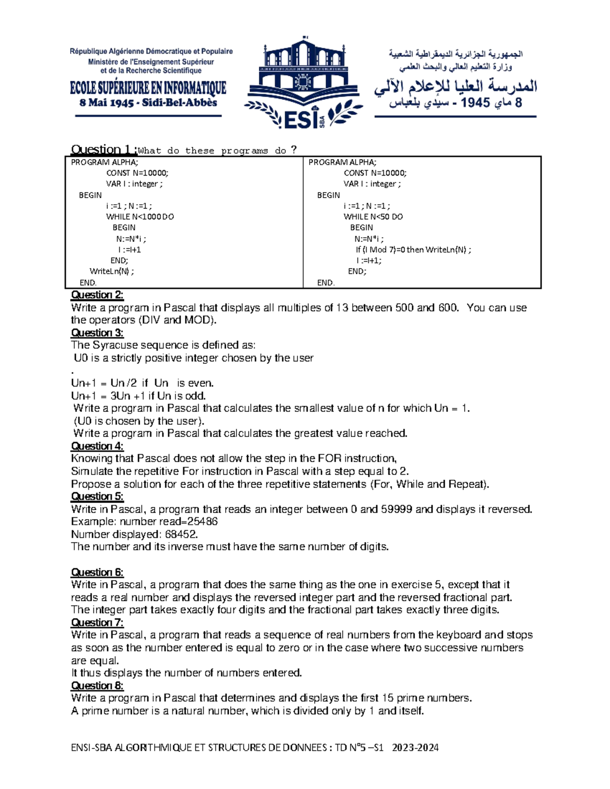Algo TD 5 S1 2023-24: Pascal Programming Exercises - Studocu