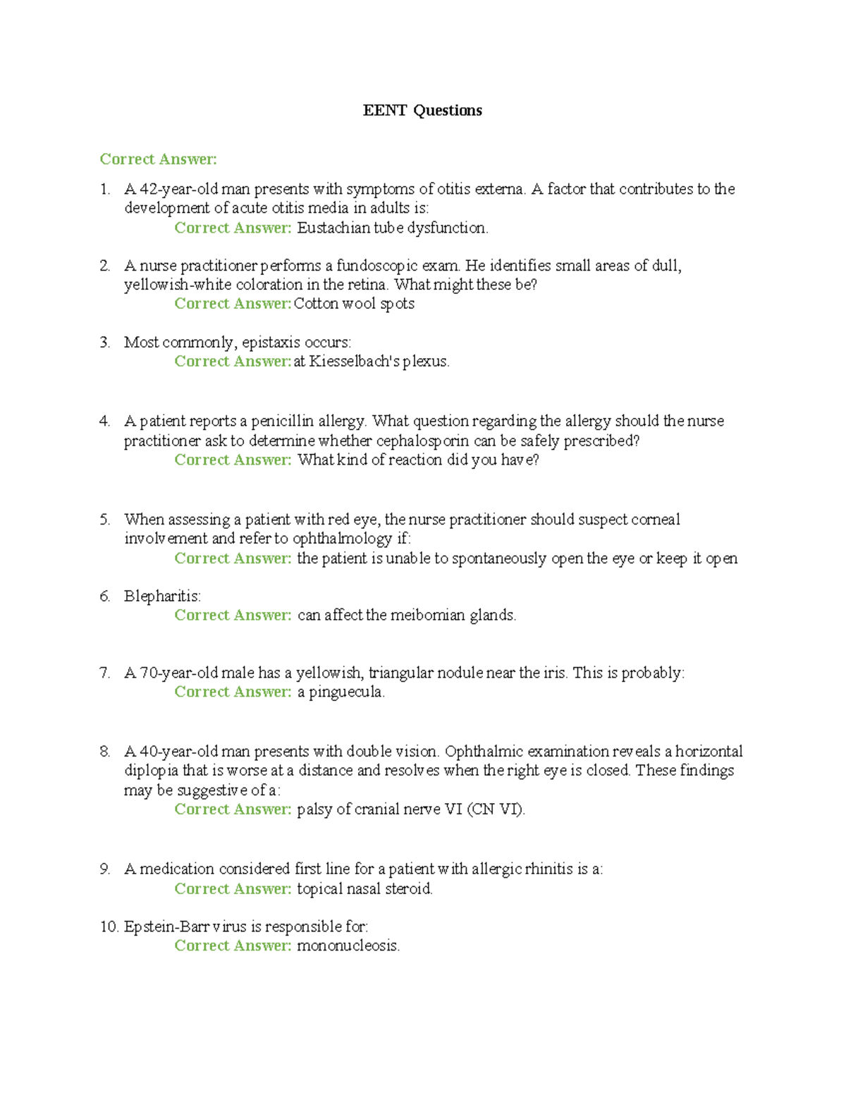 EENT Quiz Questions and Answers - NURSES Guide - Studocu