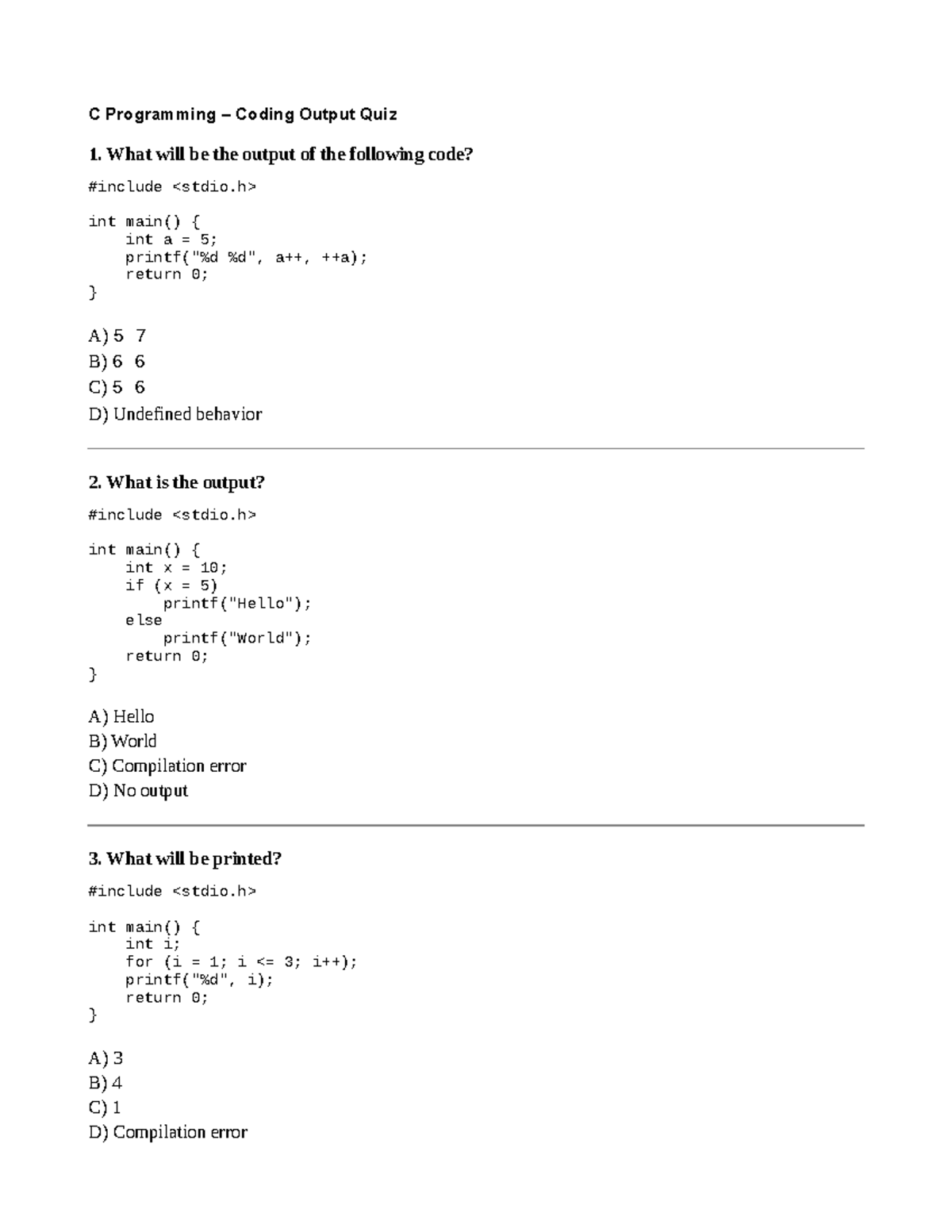 C Programming Coding Output Quiz 1: Code Behavior Analysis - Studocu