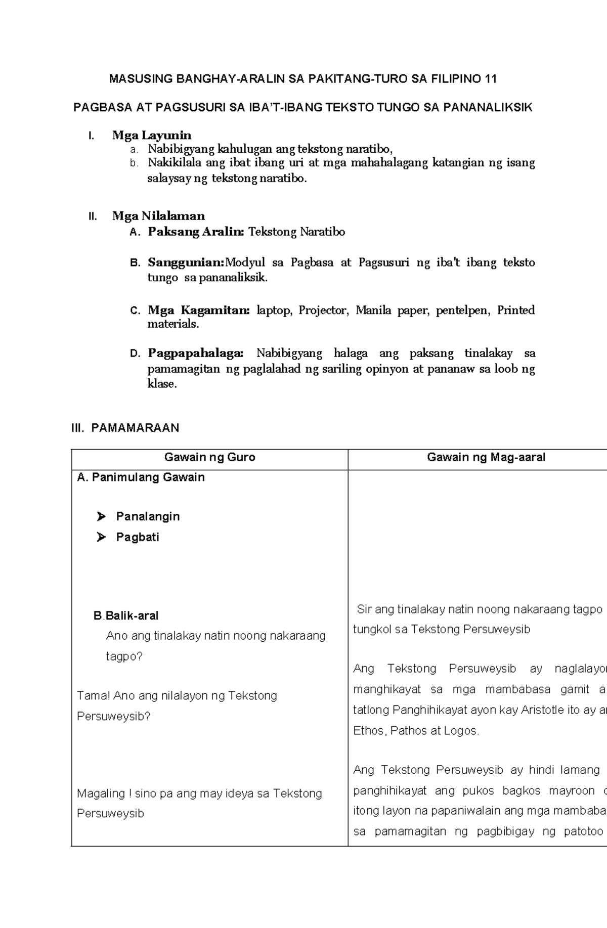 Tekstong Naratibo: Aralin at Pagsusuri sa Filipino 11 - Week 6 - Studocu