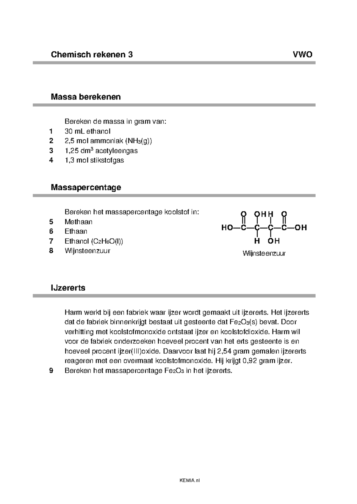 Chemisch Rekenen 3 - Massa en Vormingsreacties Opgaven KEMIA - Studeersnel