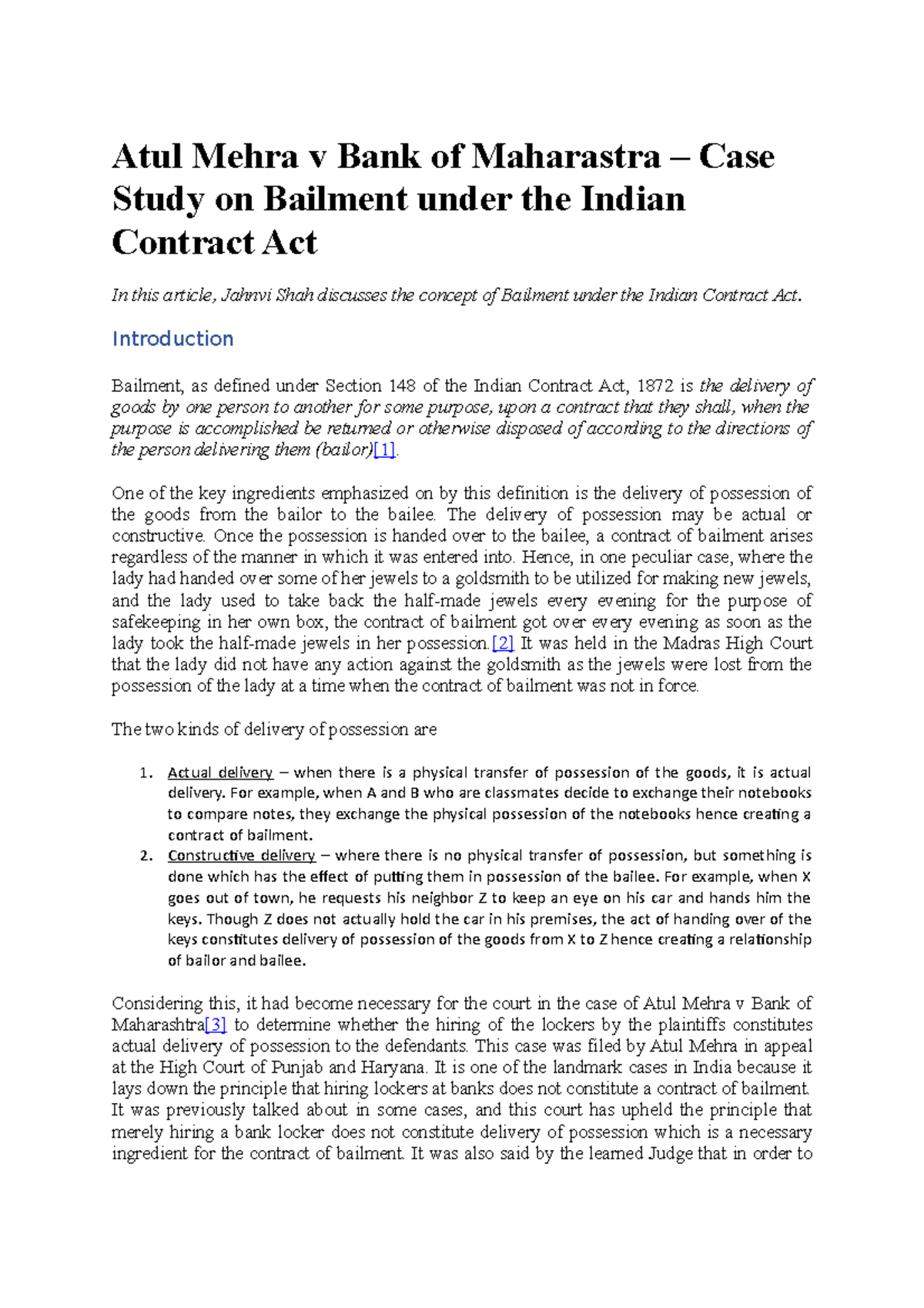 Atul Mehra v Bank of Maharastra - Introduction Bailment, as defined under Section 148 of the ...