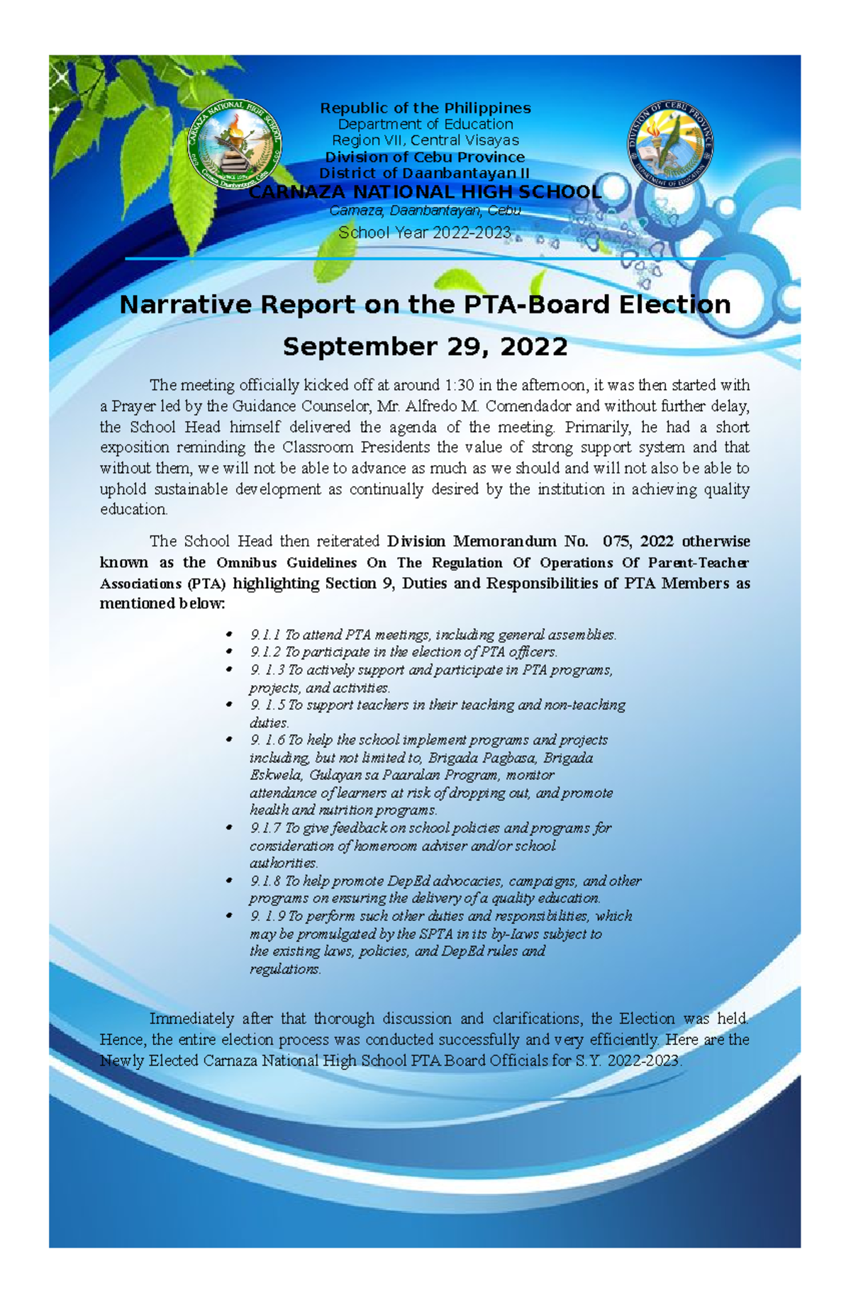 Narrative Report on PTA Board Election for S.Y. 2022-2023 - Studocu