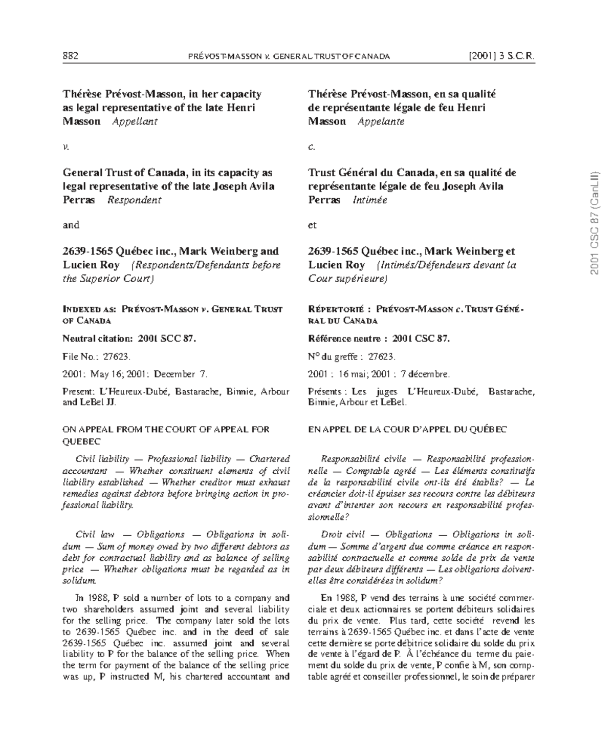 Prévost-Masson v. General Trust of Canada: 2001 SCC 87 Case Analysis ...