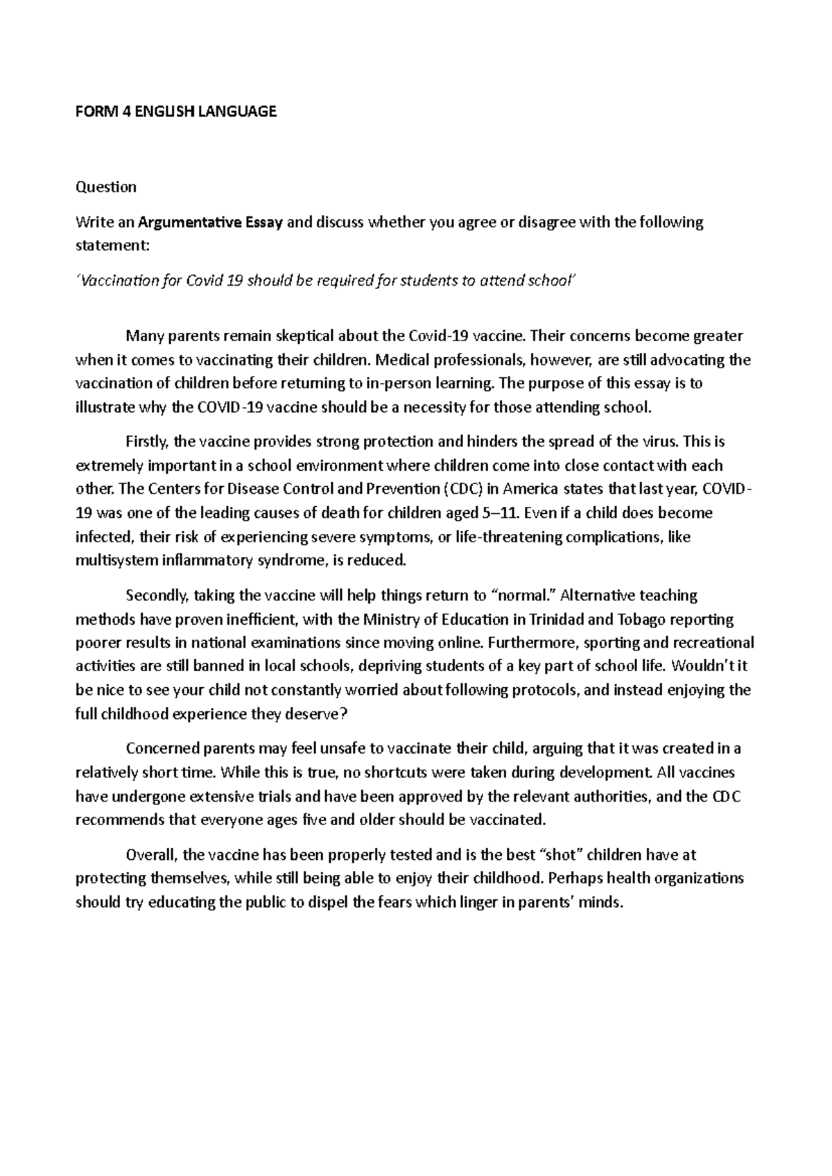 FORM 4 ENGLISH LANGUAGE - Argumentative Essay on COVID-19 Vaccination ...