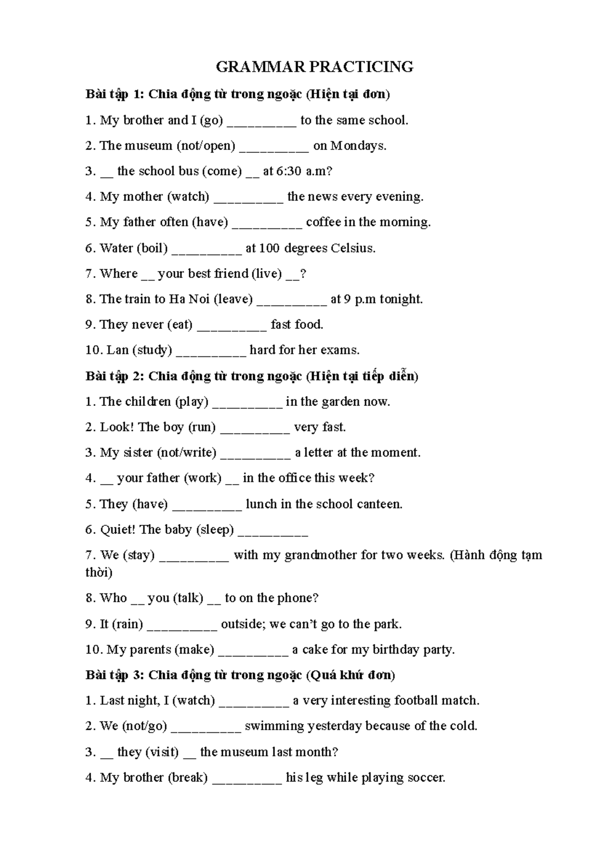 Grammar Practicing: Verb Conjugation Exercises (Present, Past, Future ...