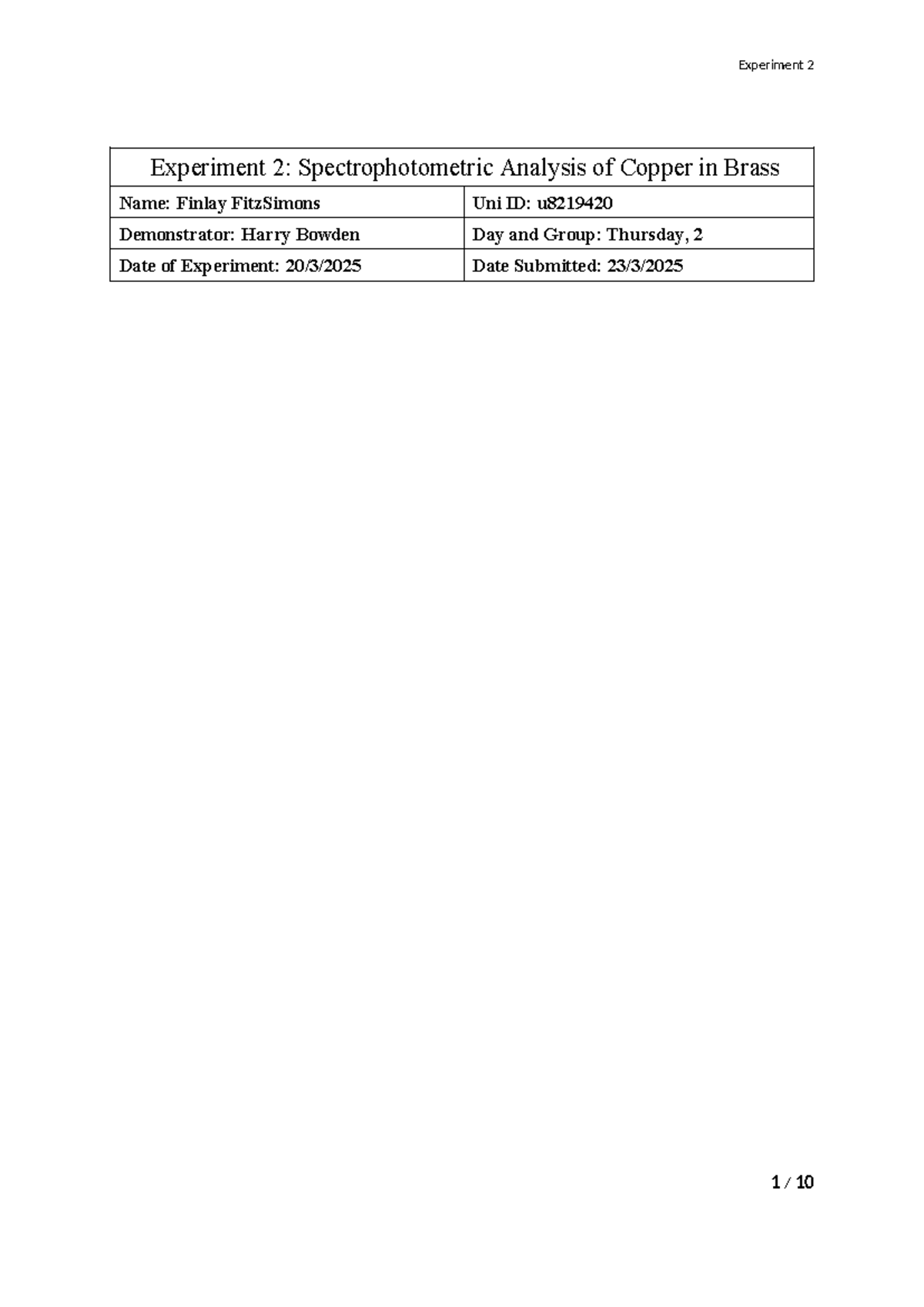 Lab Report: Spectrophotometric Analysis of Copper in Brass (Experiment ...