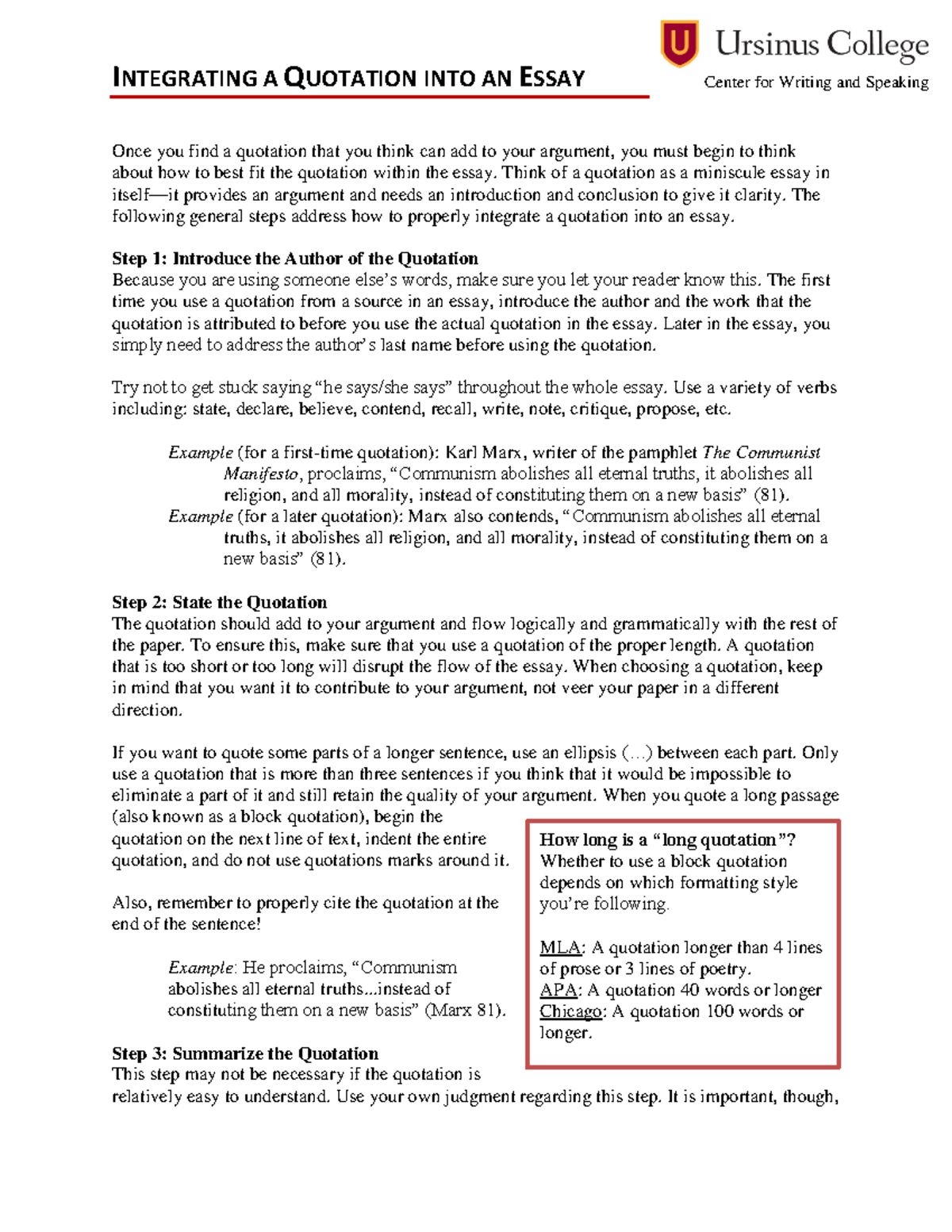 Apa integrating-quotespdf - INTEGRATING A QUOTATION INTO AN ESSAY ...