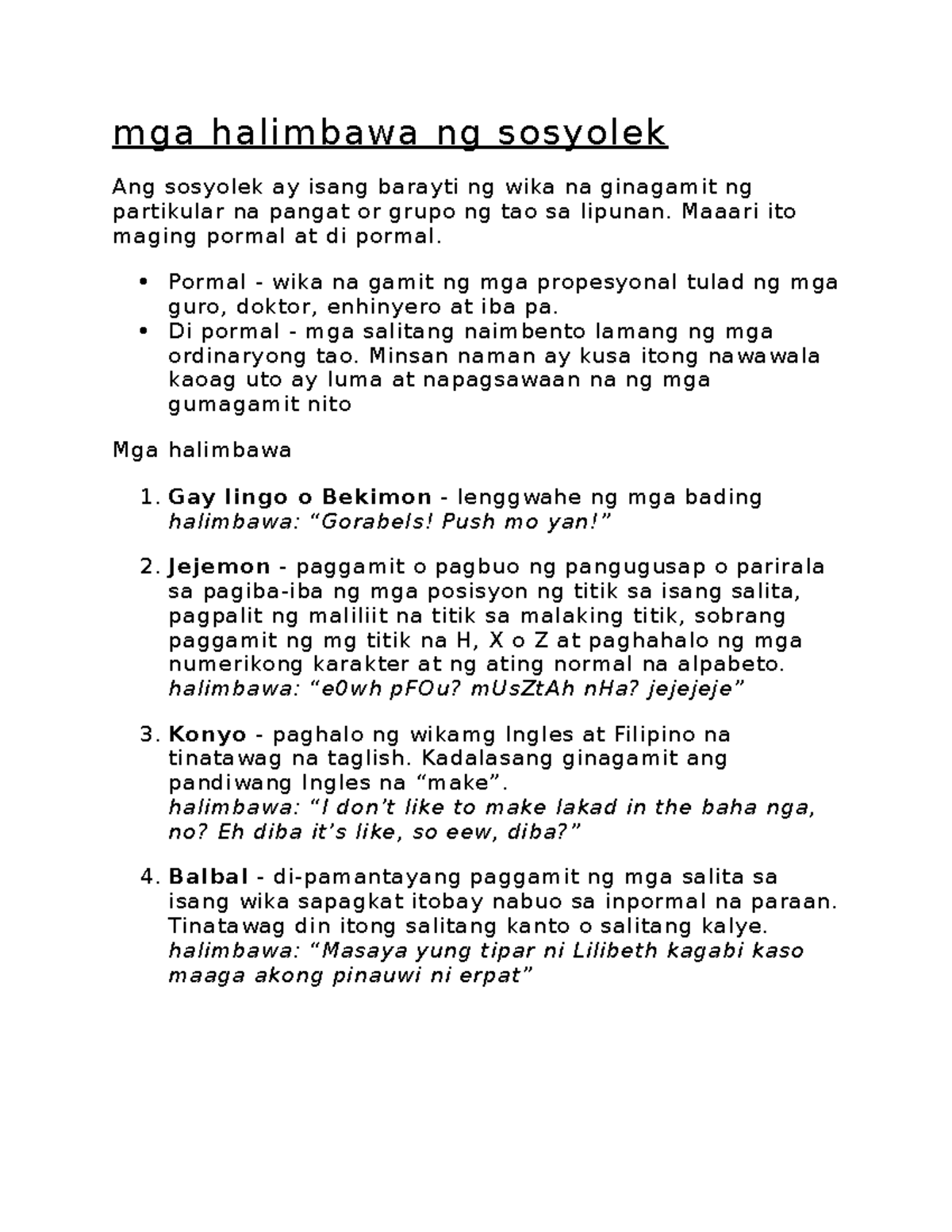 Mga Halimbawa at Uri ng Sosyolek sa Wika - Studocu