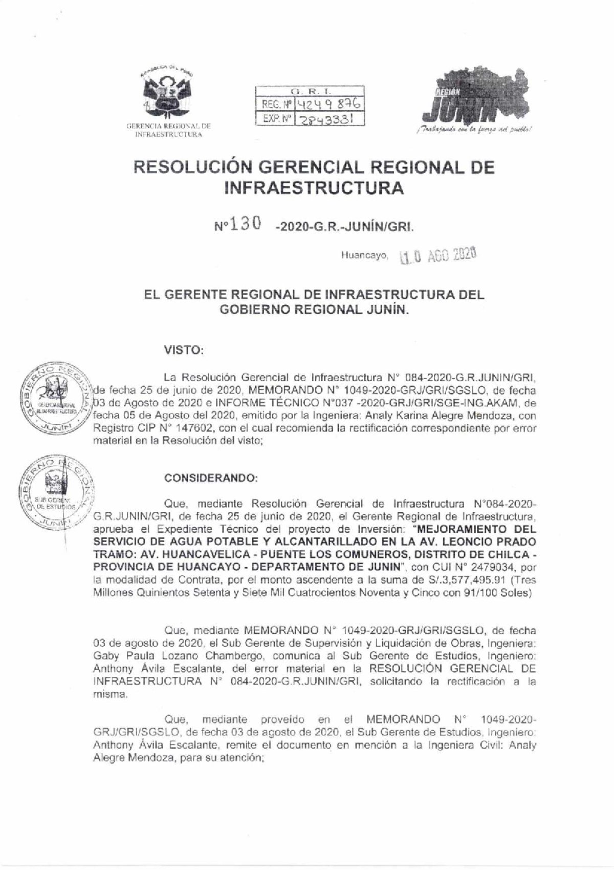 Resolución Gerencial Regional de Infraestructura - CUI 2479034 - Studocu
