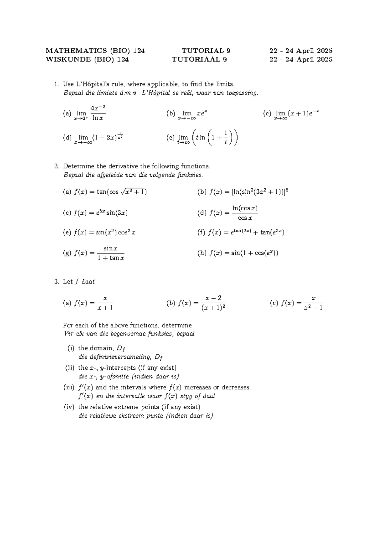 MATHEMATICS (BIO) 124 TUTORIAL 9: Limits and Derivatives Analysis - Studocu