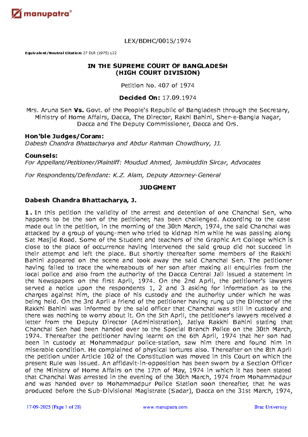 Case Study: Mrs. Aruna Sen vs. Govt. of the People's Republic of ...