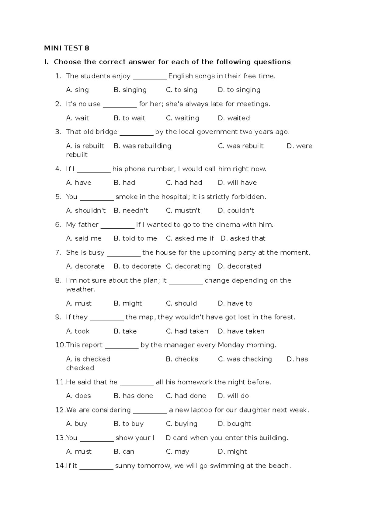 MINI TEST 8 - English Grammar Questions and Answers - Studocu