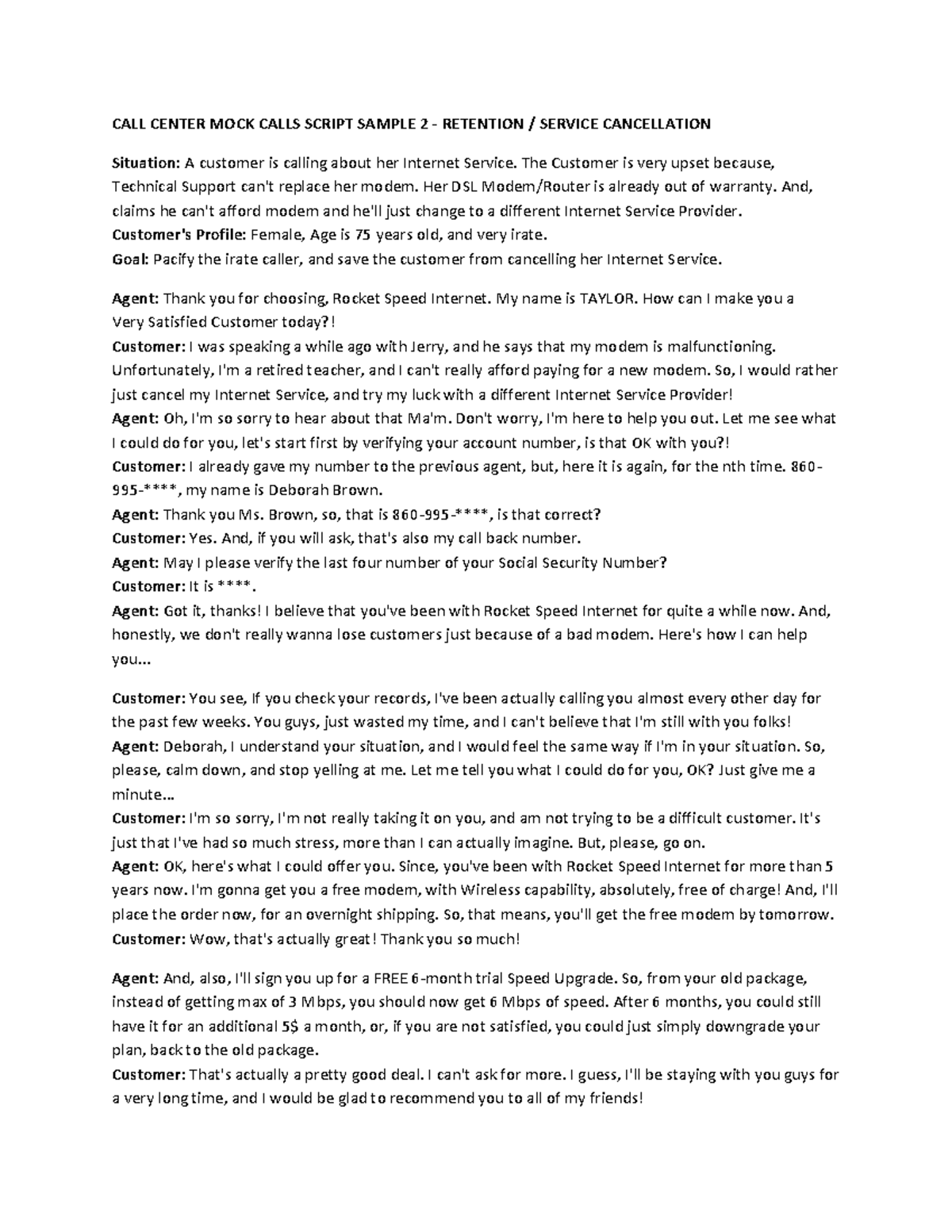 Pdfcoffee - call-center-mock-calls-script-sample-5 - CALL CENTER MOCK ...