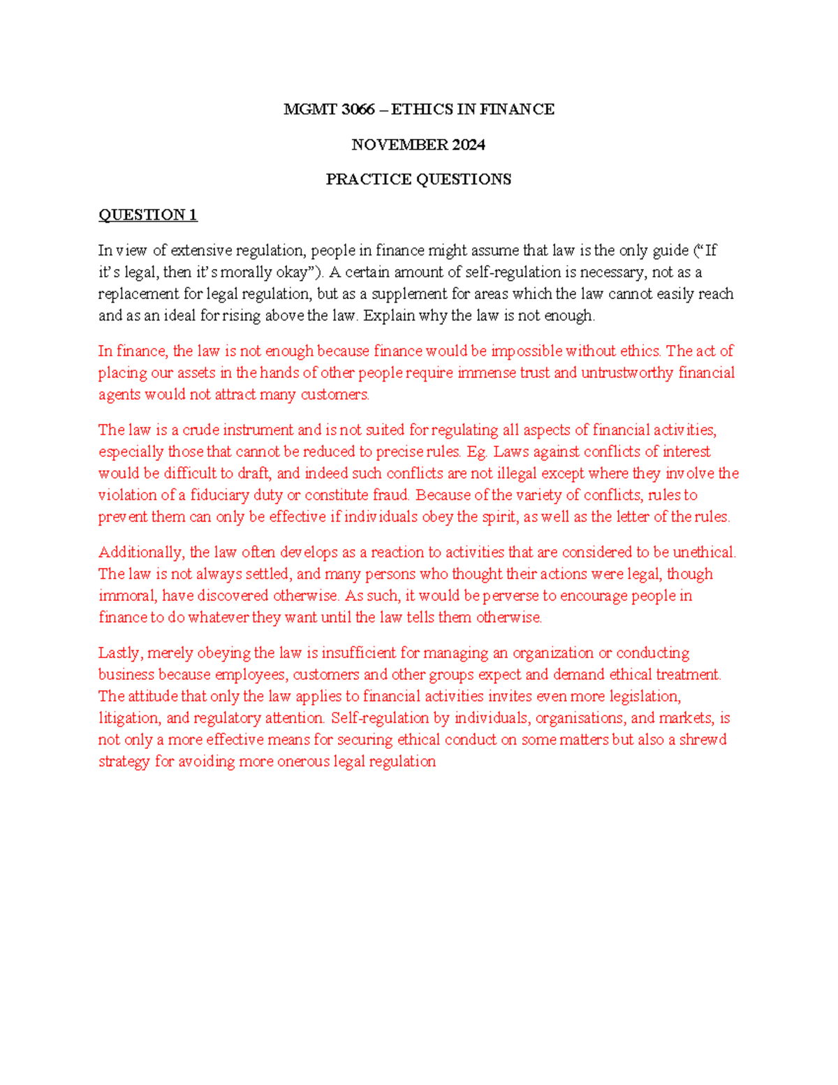 Practice Questions for MGMT 3066: Ethics in Finance - Nov 2024 - Studocu
