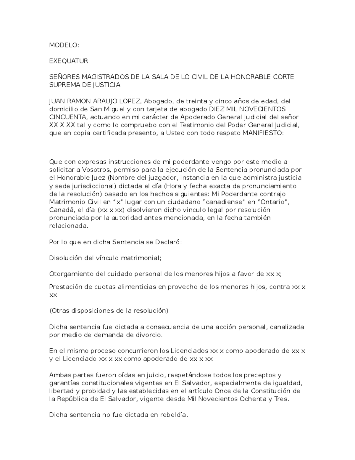 Modelo de Exequatur para Ejecución de Sentencia Judicial - Studocu