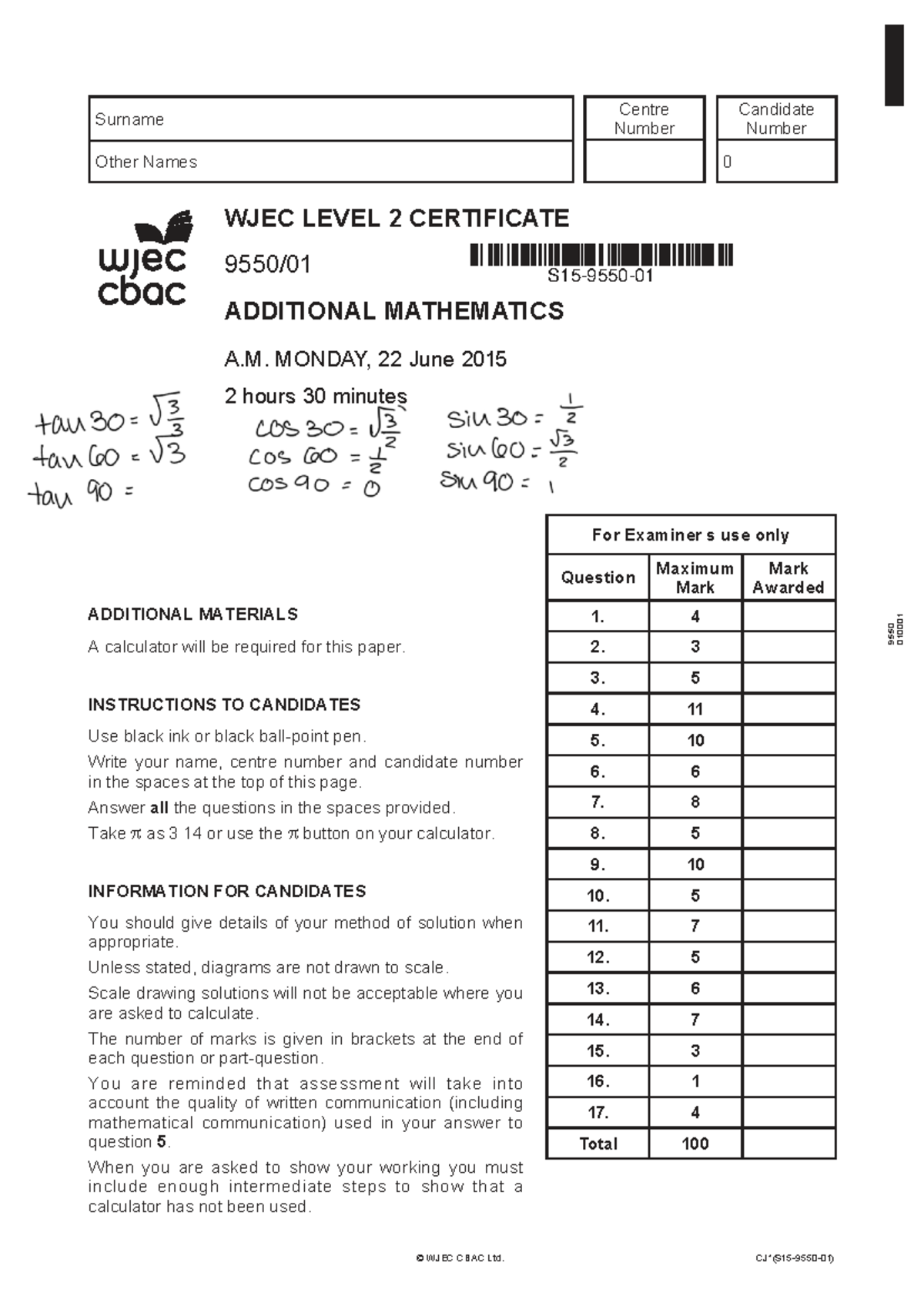 S15-9550-01 - WJEC Level 2 Additional Mathematics Exam Paper 2015 - Studocu