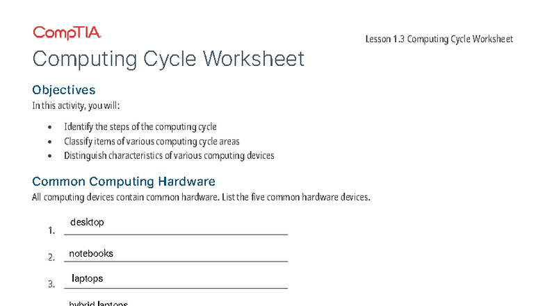 FC0-U71 Lesson 1.3 Computing Cycle Worksheet and Objectives - Studocu