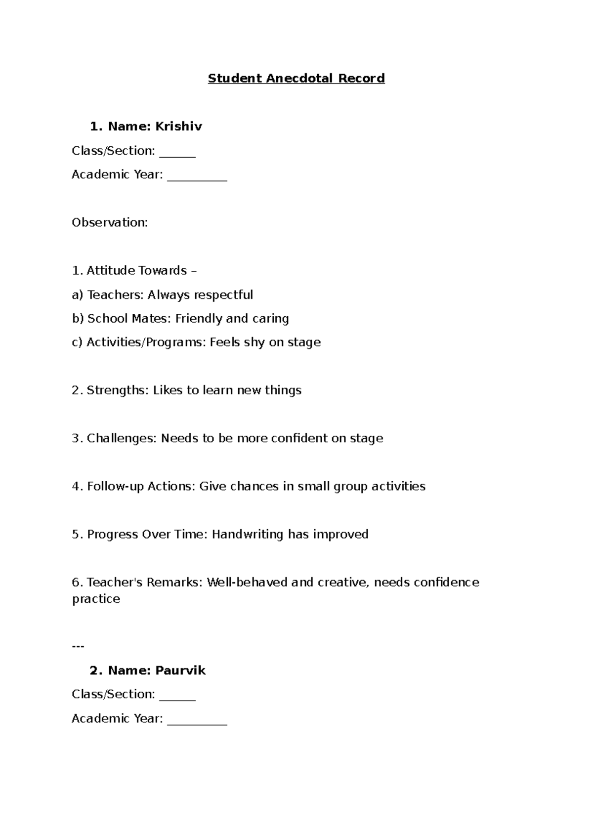 Student Anecdotal Record: Observations and Progress Reports - Studocu