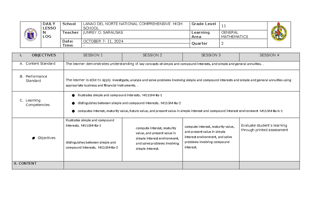 October 7-11 - illustrate simple interest - DAILY LESSO N LOG School ...