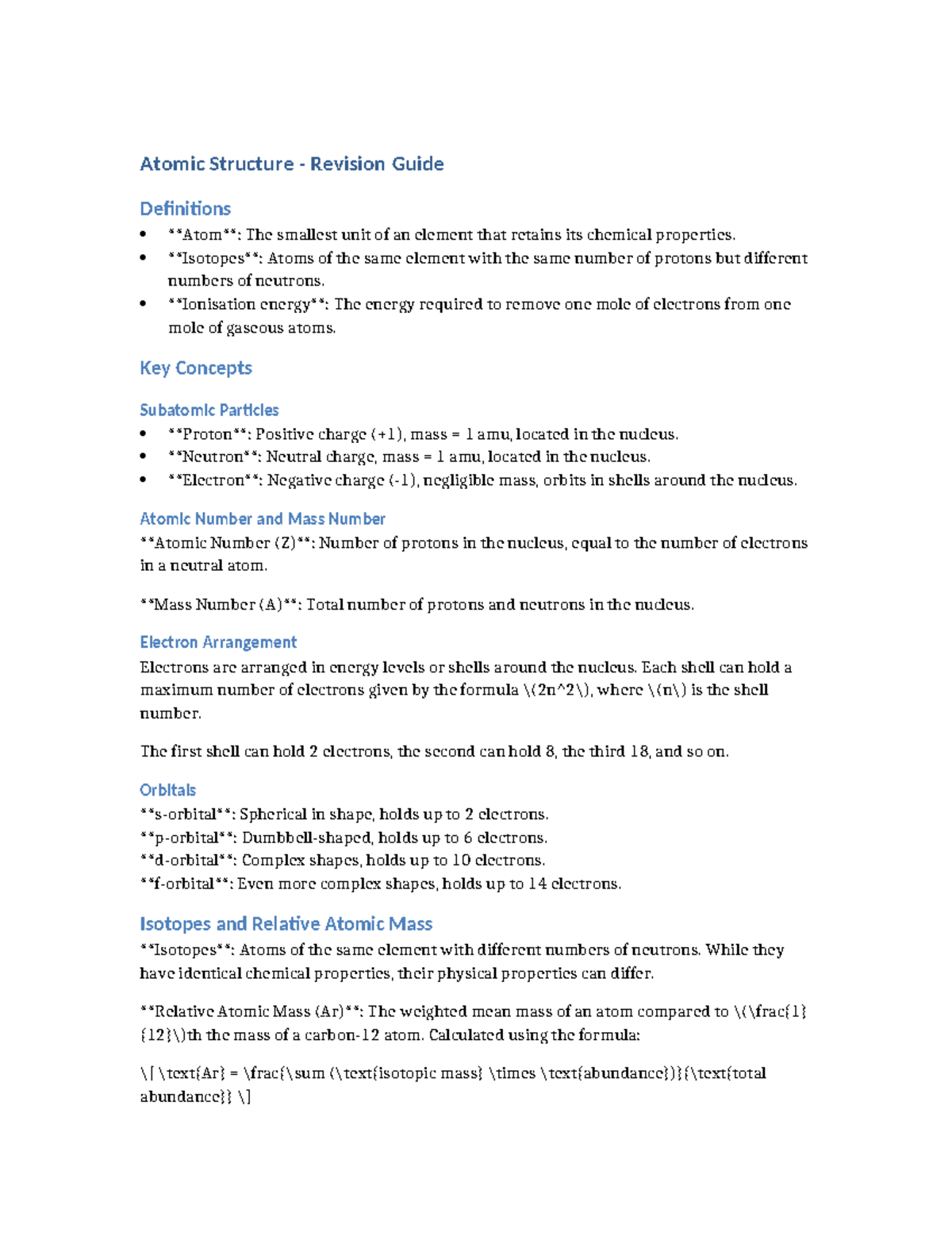 Atomic Structure Revision Guide for Chem 101: Key Concepts ...