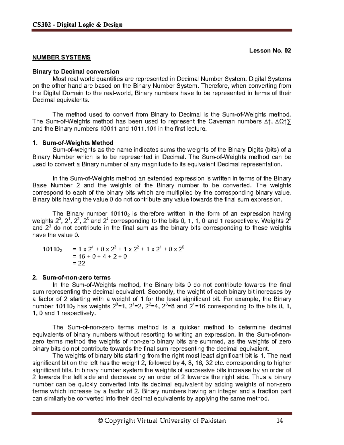 CS302 Digital Logic Design lesson 02: Binary to decimal conversion methods - Studocu