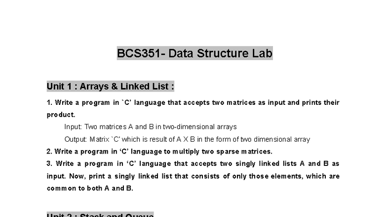 BCS351 Data Structure Lab: Programs for Arrays, Linked Lists, and More - Studocu