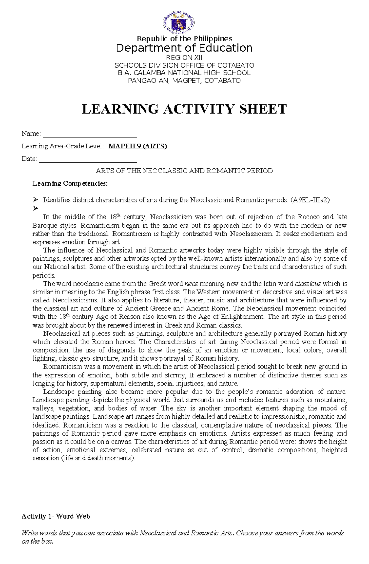 Las - learning activity sheet - Republic of the Philippines Department ...