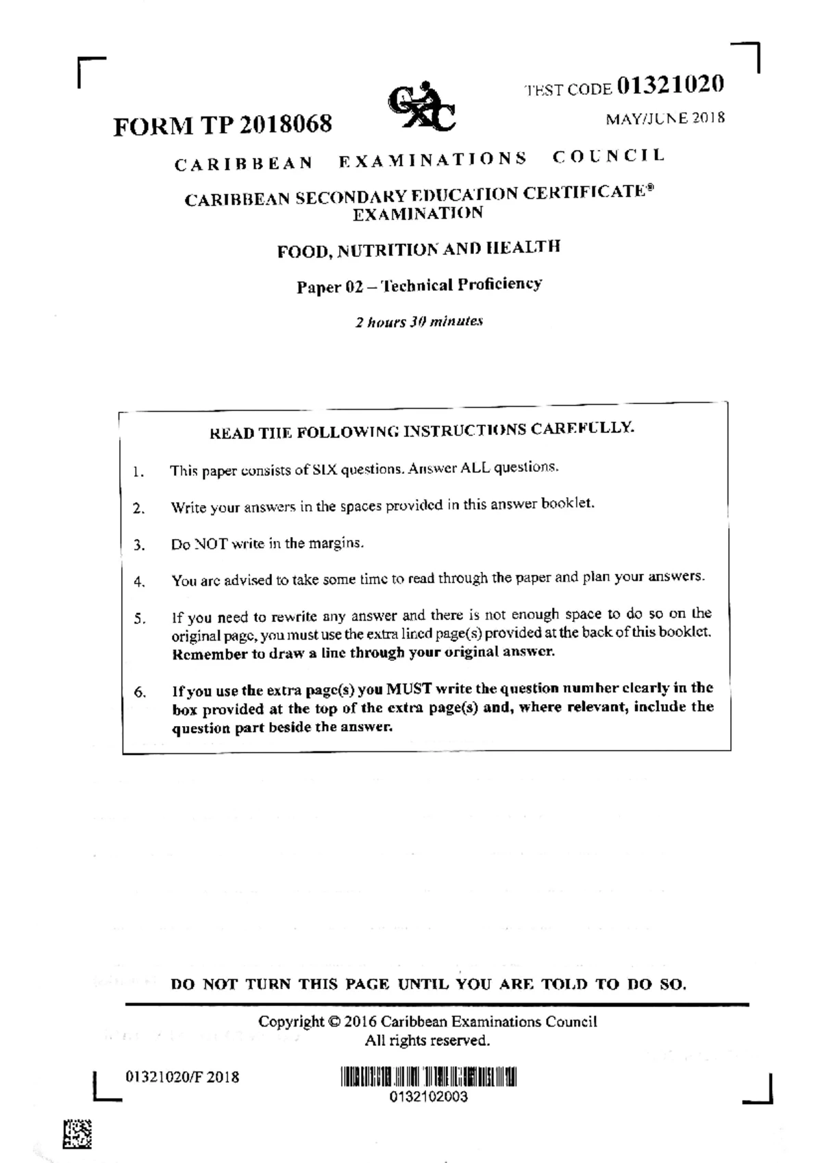 FNH Past Paper 2018 (P. 2) - TEST CODE 01321020 FORM TP 2018068 2018 ...