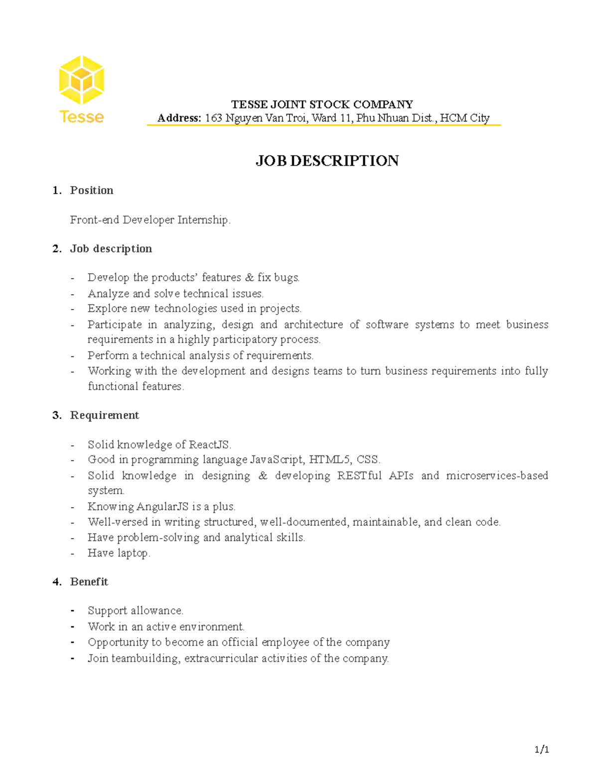 TTS Front-end Developer Internship Job Description - Aug 2022 - Studocu