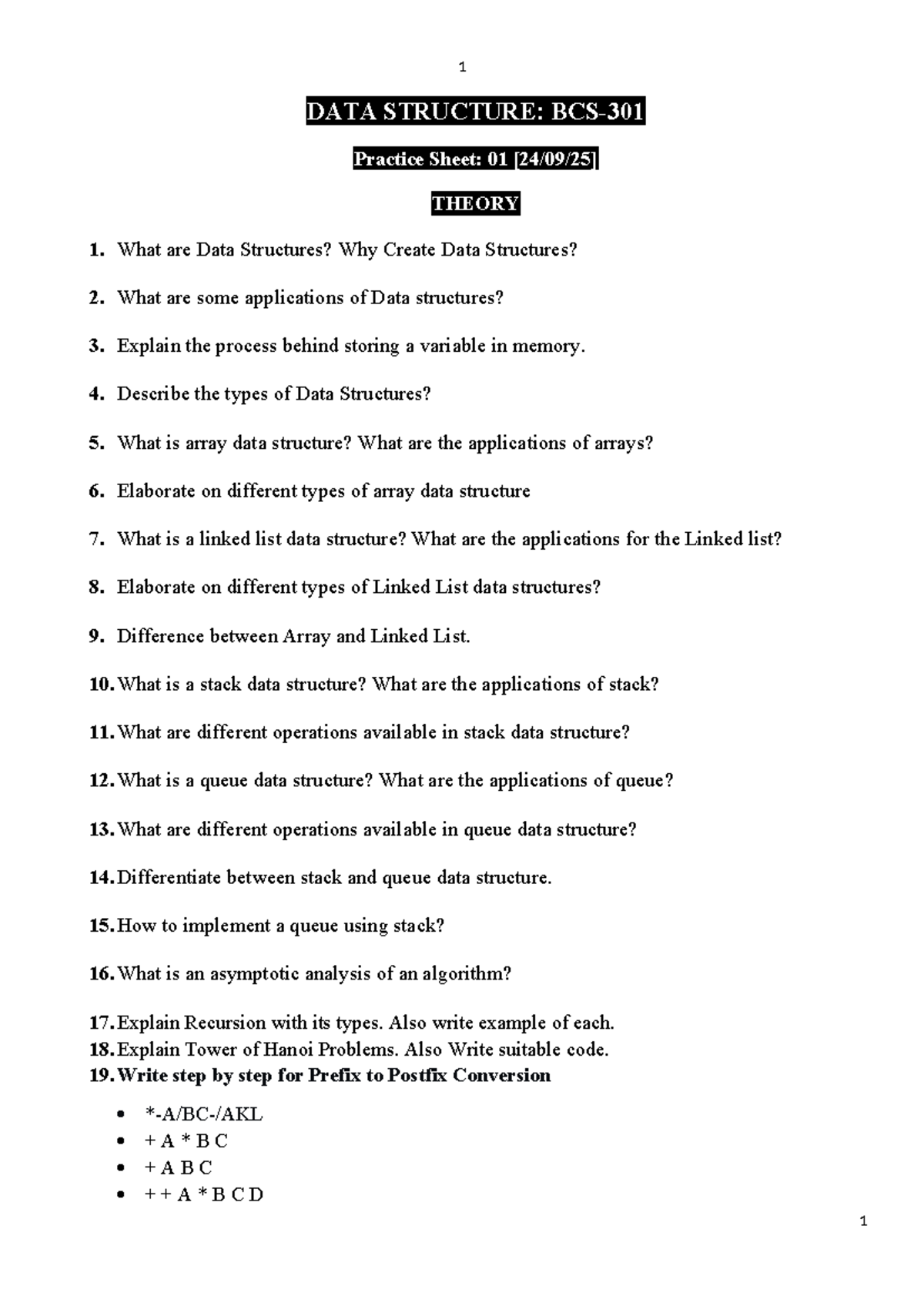 DS (BCS 301) Practice Sheet: Data Structures Theory & Applications - Studocu