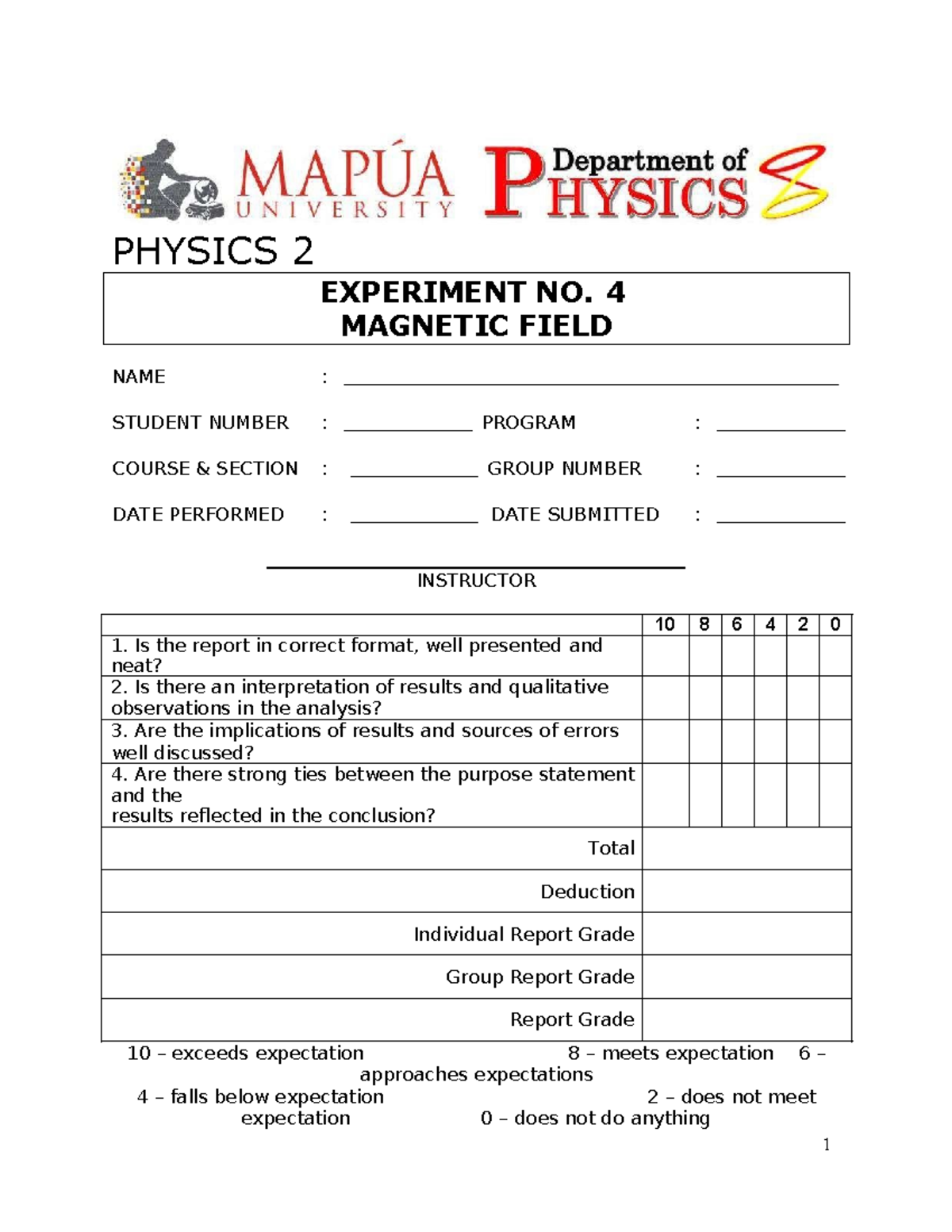 PHYS 2 Experiment 4: Magnetic Field Observations and Analysis - Studocu