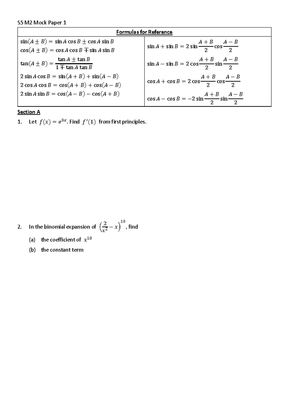 S5 M2 Mock Paper 1: Formulas and Problem Solving Techniques - Studocu