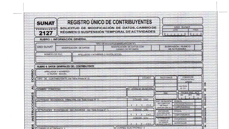 Solicitud de Modificación de Datos SUNAT 2127 - Registro de Actividades - Studocu
