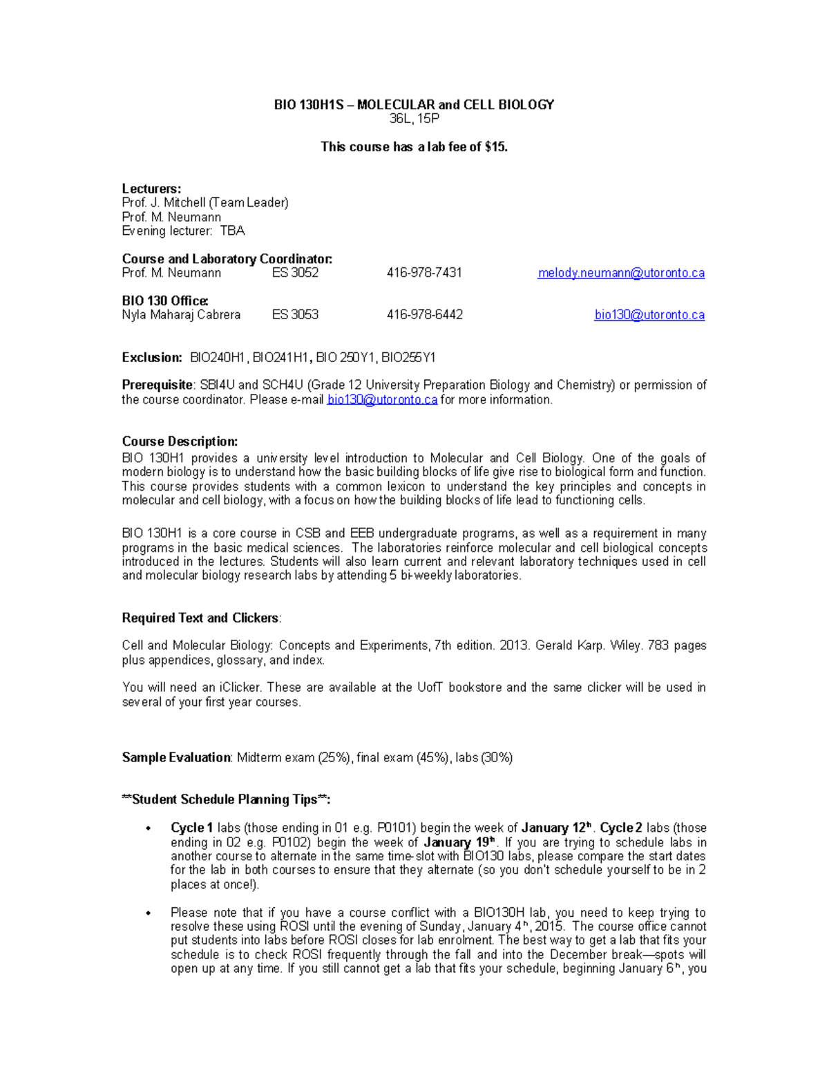BIO 130H1S Molecular and Cell Biology Course Overview and Lab Info ...