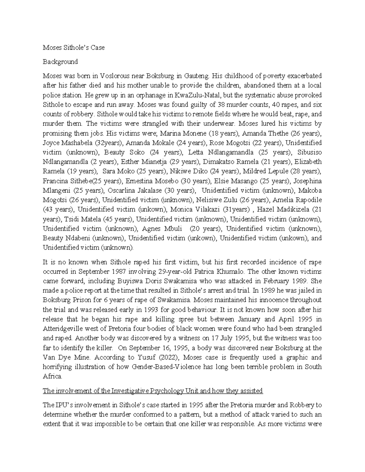 CFSD 303 Case Study: The Crimes of Moses Sithole - Studocu