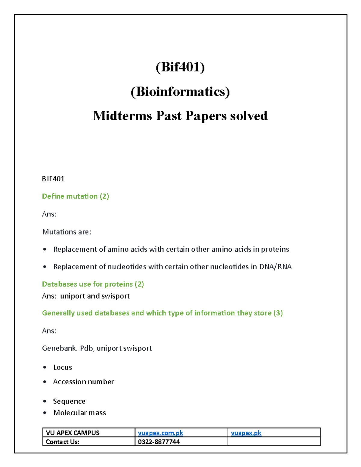 (BIF401) Bioinformatics Midterm Past Papers & Key Concepts - Studocu