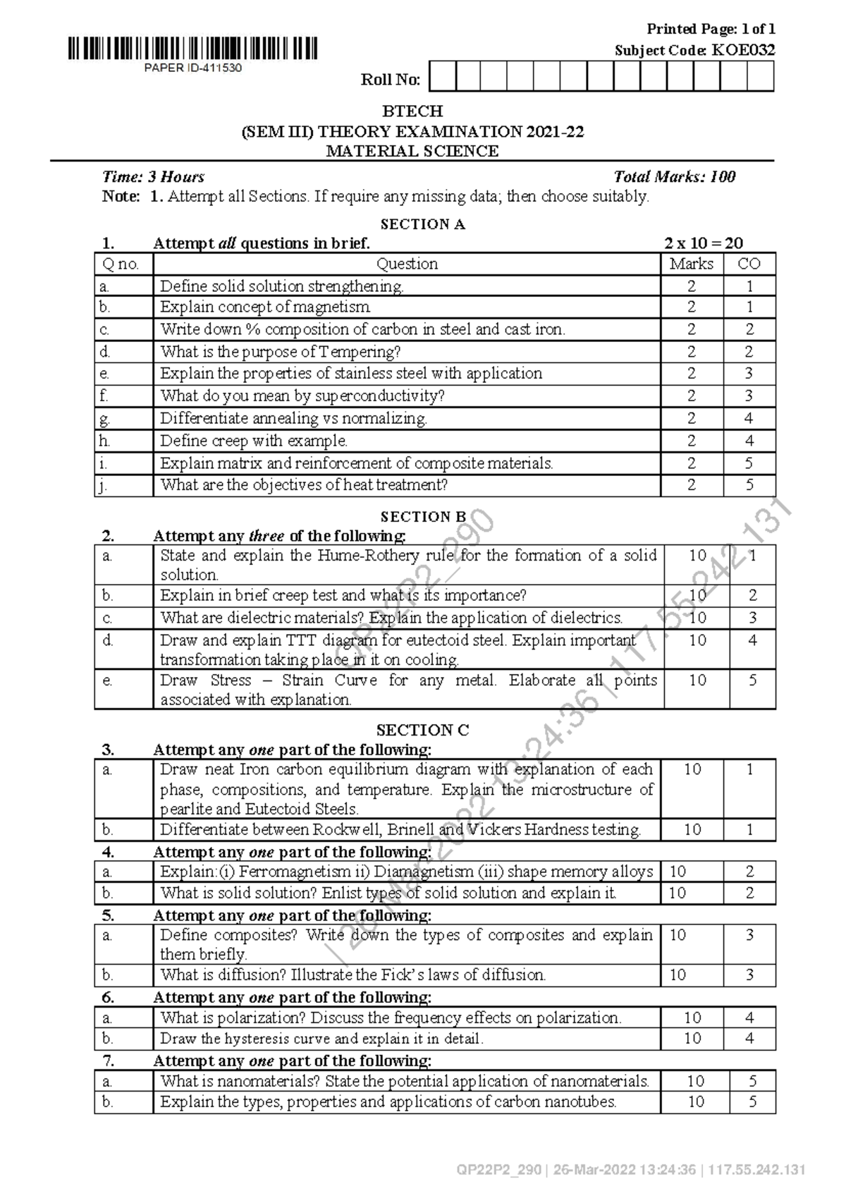 BTech KOE032 Sem III Material Science Theory Exam Paper 2022 - Studocu