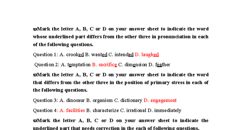 Pronunciation and Stress Patterns: Quiz Questions for Hs-thanh-phương - Dmdmdm - Studocu
