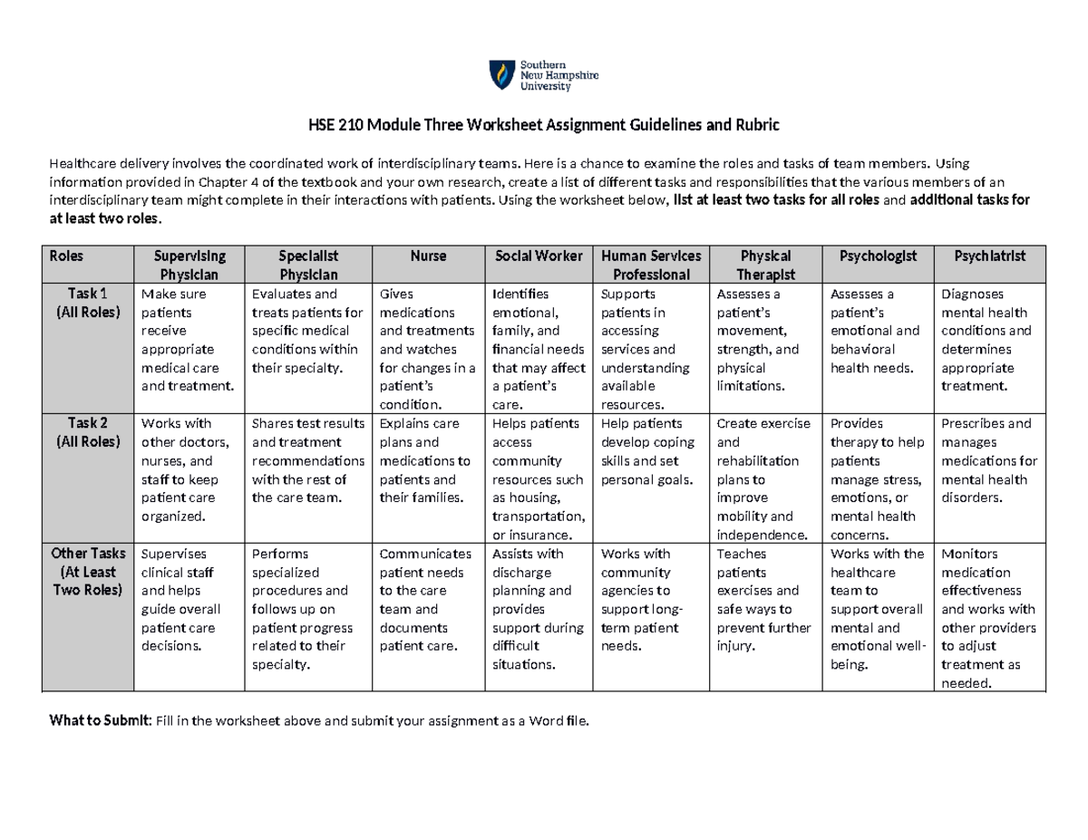 HSE 210 Module 3 Interdisciplinary Team Roles & Tasks Worksheet - Studocu