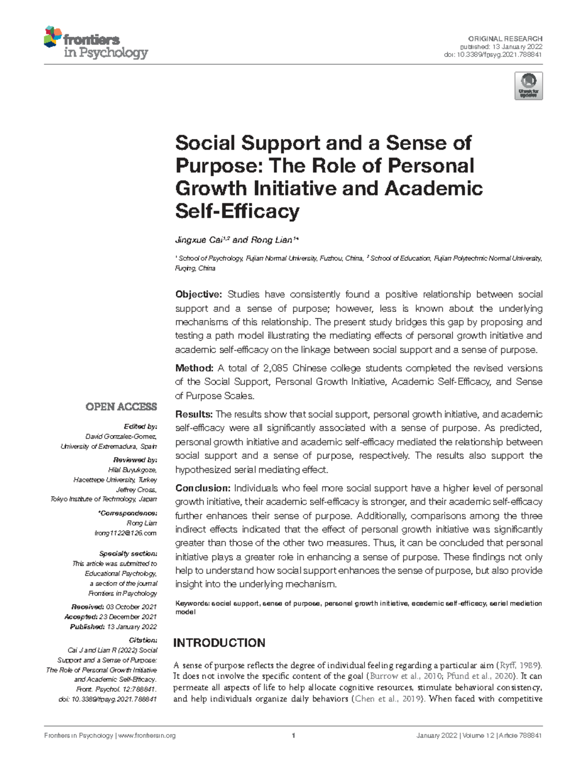 Social Support, Personal Growth Initiative, and Sense of Purpose in ...