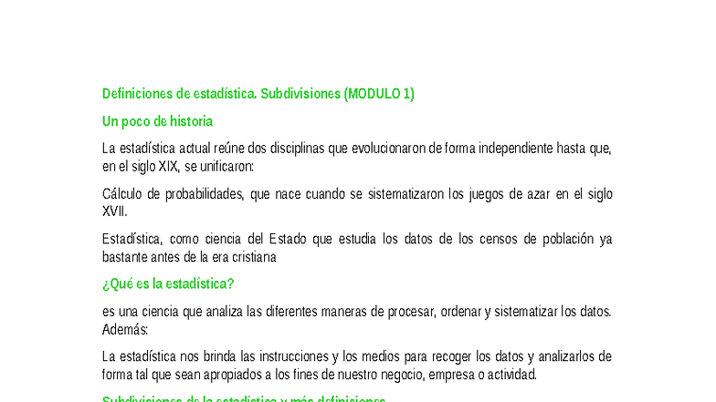 Resumen de Definiciones y Subdivisiones de Estadística (MÓDULO 1) - Studocu