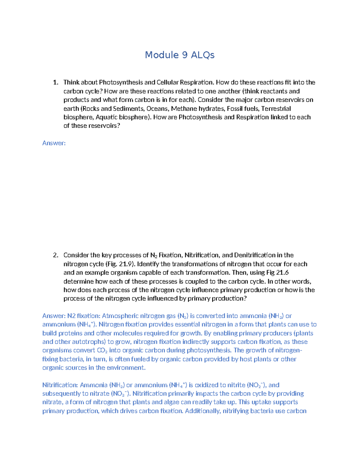 Module 9 ALQs - Photosynthesis, Respiration & Nitrogen Cycle - Studocu