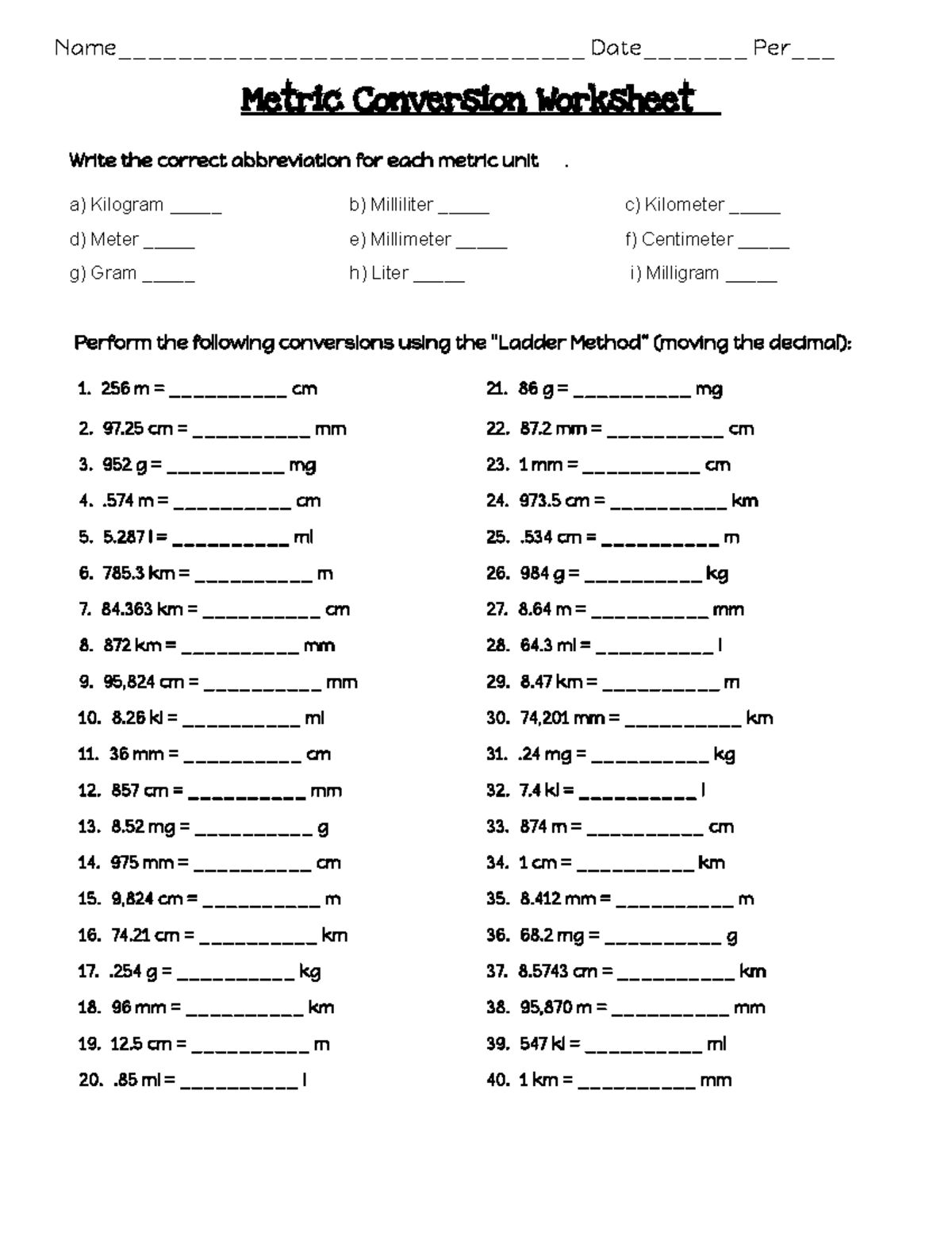 Metric Conversion Worksheet - Chemistry (Metric Units & Abbreviations) - Studocu